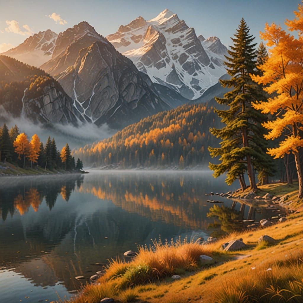 Surreal Autumnal Serenity in a Realistic Mountain ... - AI Art
