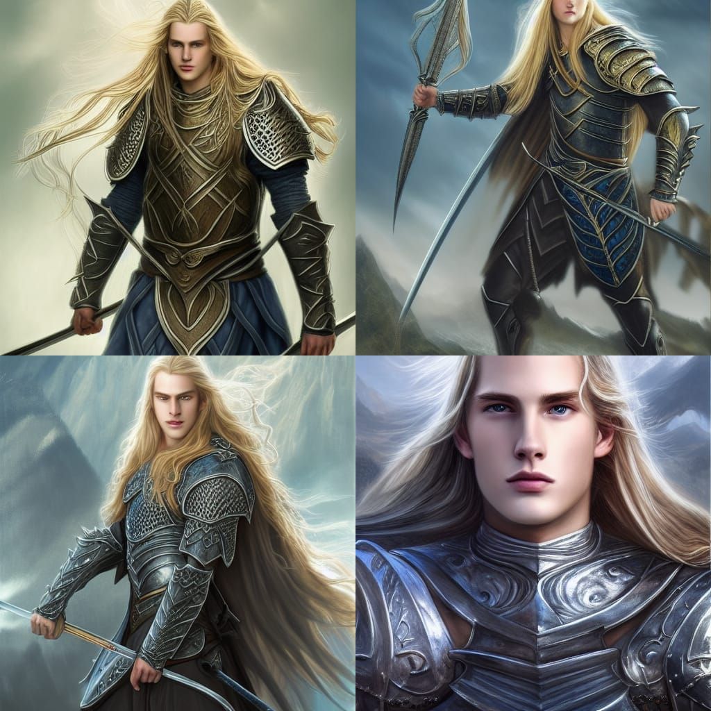 Silmarillion, photorealistic portrait of handsome Glorfindel, with long blonde hair and a battle ...