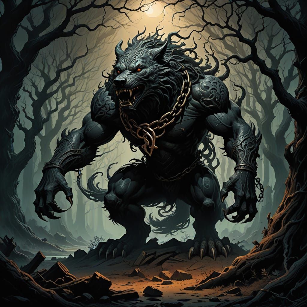 Majestic Fenrir Bound by Ancient Runes in Dark Fan... - AI Art