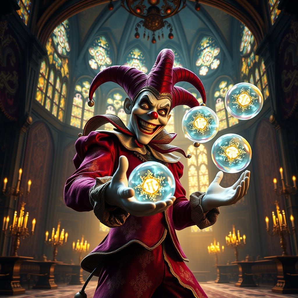 A happy brightly dressed jester juggling balls in the King's Hall