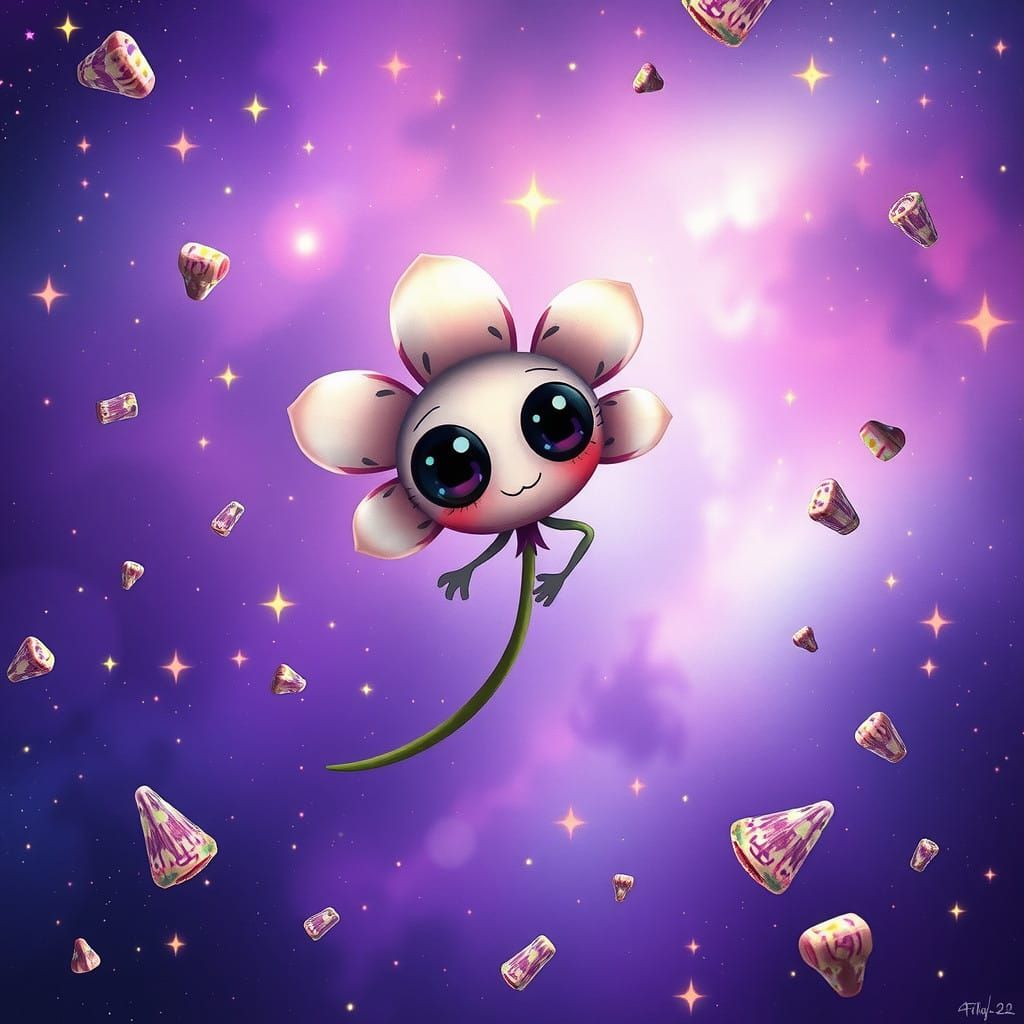 Whimsical Flower Creature in Cosmic Nebula - AI Art