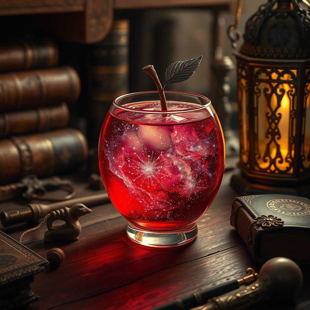 potion ideas - Cosmic Elixir in a Ruby-Hued Glass Vessel