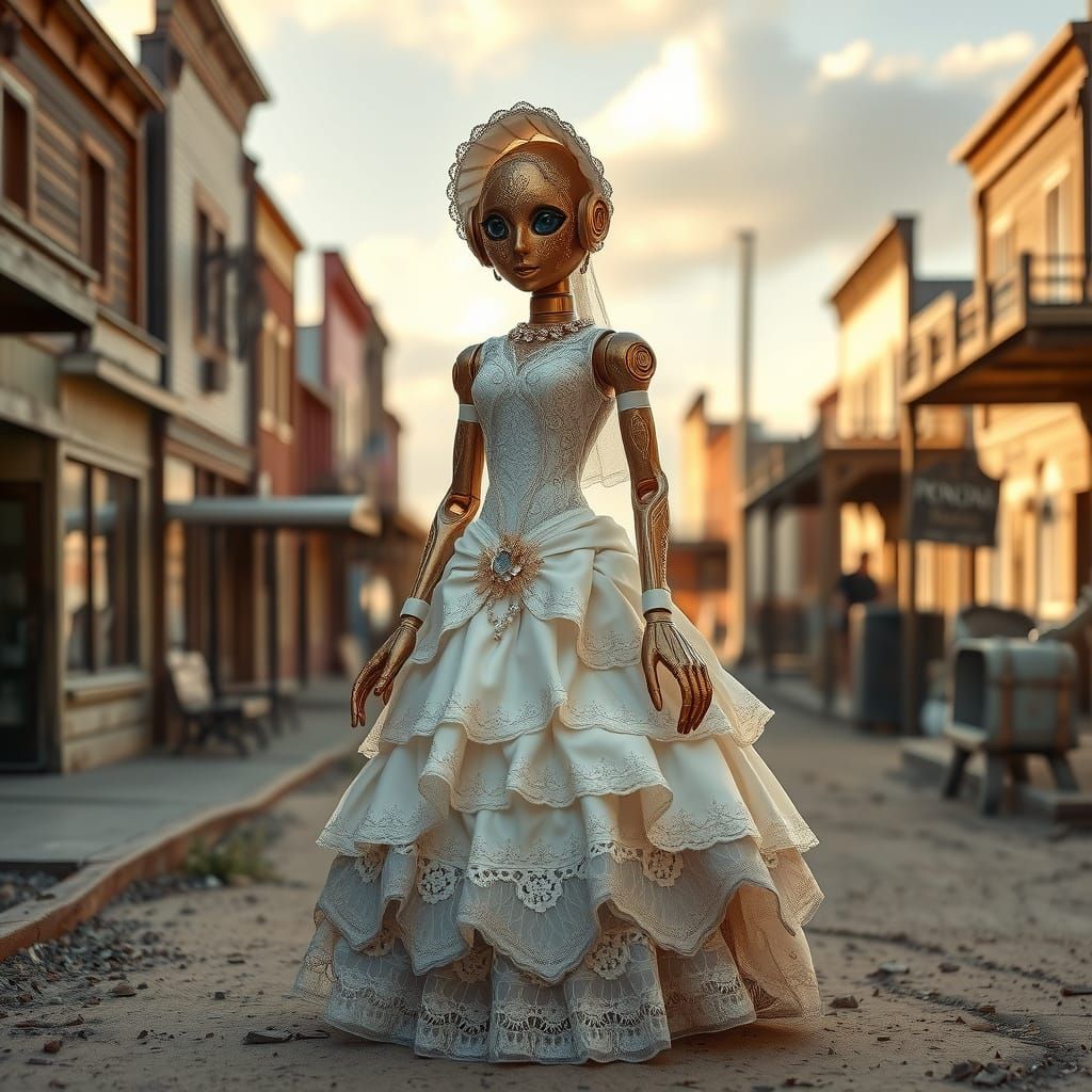 Steampunk Robot Bride in Idyllic Western Town - AI Art