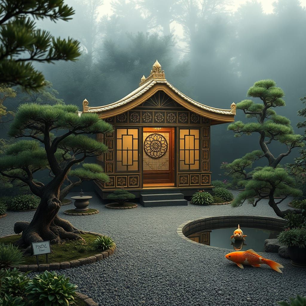 A quaint chrome and gold tea house nestled amidst a serene Zen garden ...