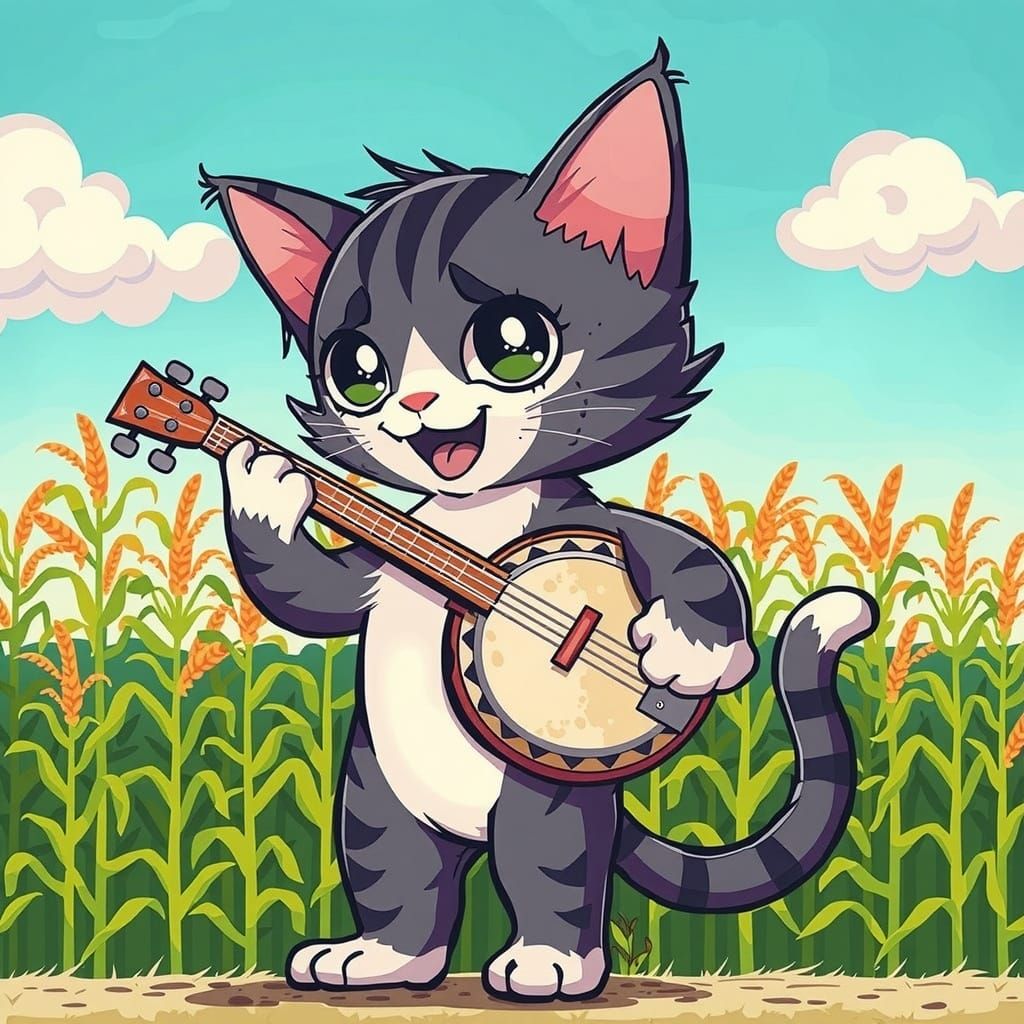 Cute cartoon cat playing the banjo - Whimsical Cartoon Cat P...