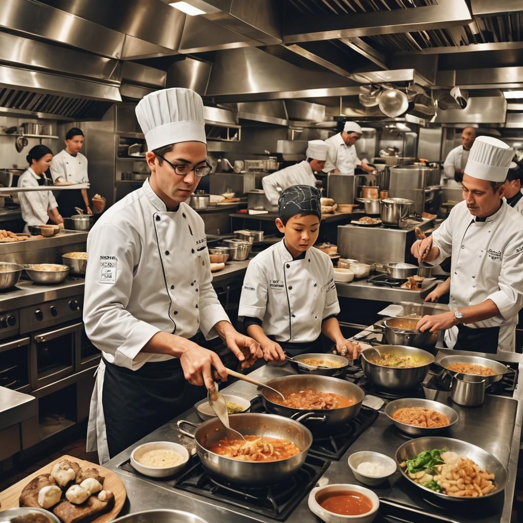 Static picture of a boy cooking in a world famous restaurant with ...