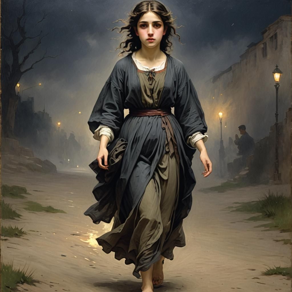 painting in William-Adolphe Bouguereau style of an unprepossessing girl ...