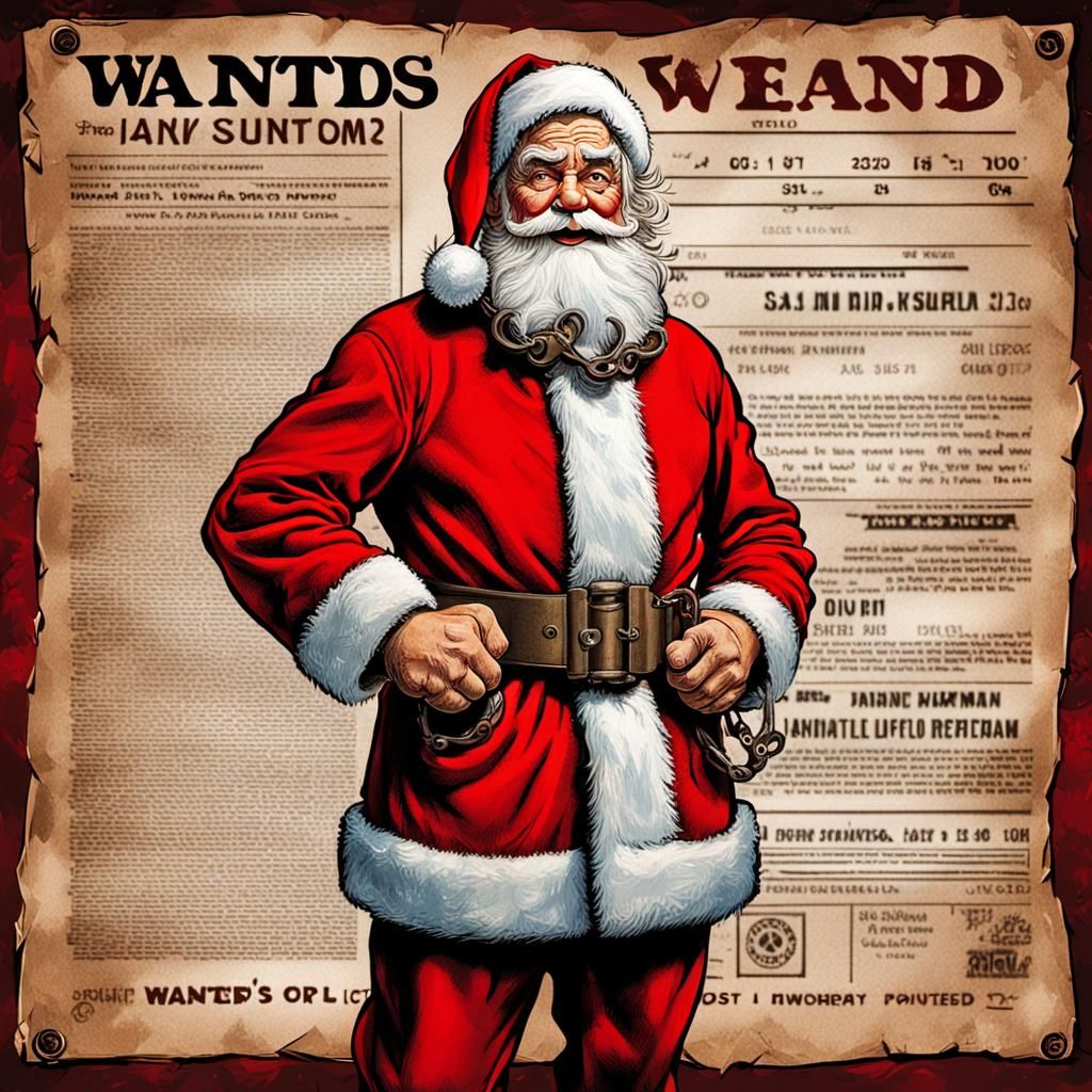 Santa claus arrested!!, most wanted, handcuffs, mug shot, clean oil ink ...