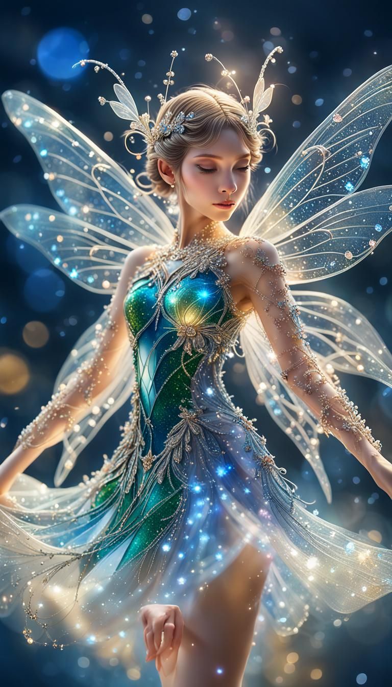 Macro photography by Miki Asai of a resplendent translucent full-body fairy, made entirely out ...