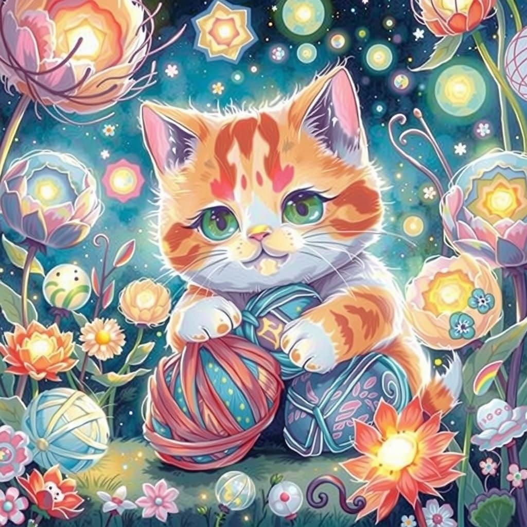 Whimsical manga cat in pastel hues plays with a ba... - AI Art