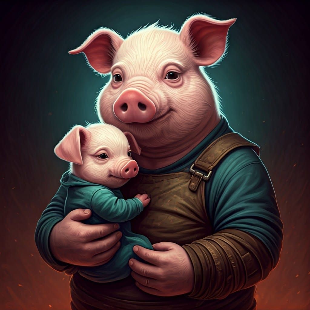 Fantastical Brother Pig Tenderly Holds His Little ... - AI Art