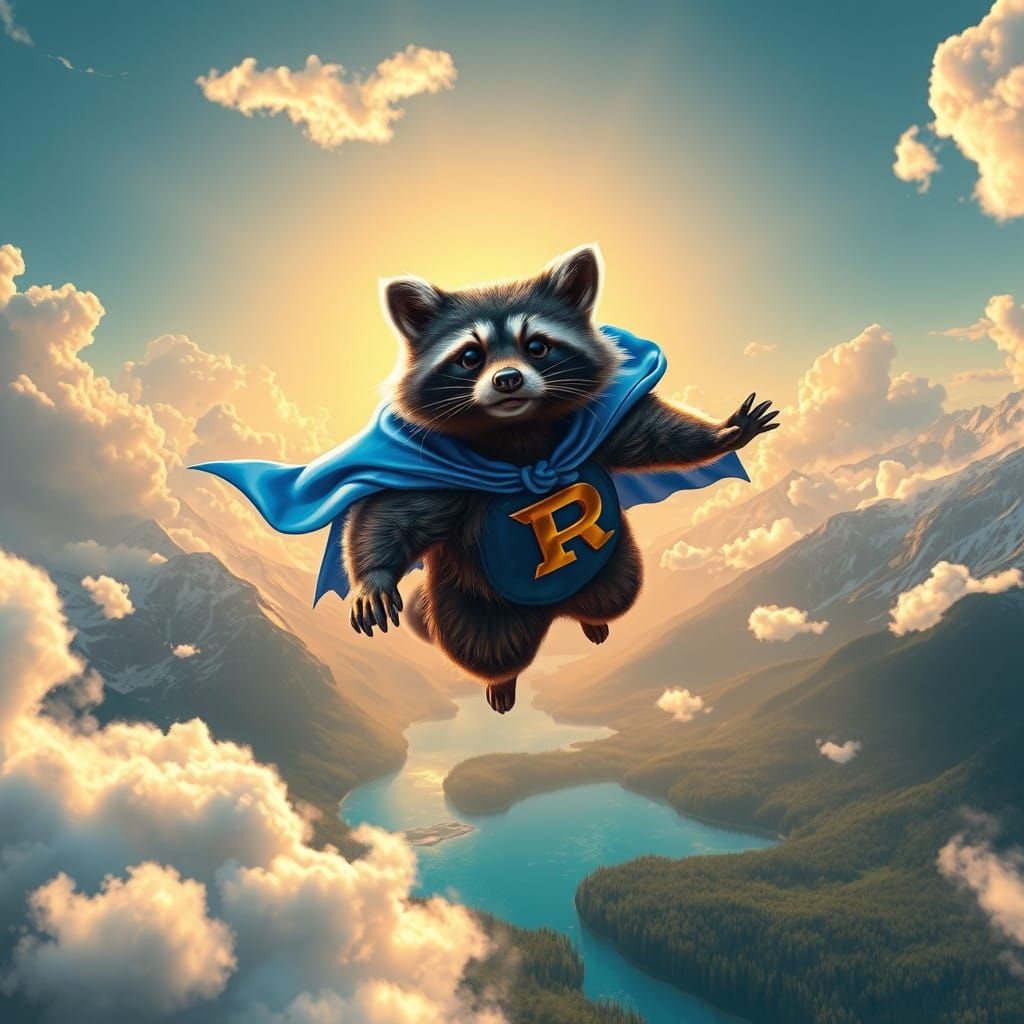 Super Raccoon - Epic Raccoon Hero Soars Through Dawn-Lit Fan...