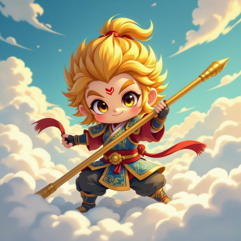 Chibi Sun Wukong Tumbling on Clouds, 3D Anime Art - AI Art