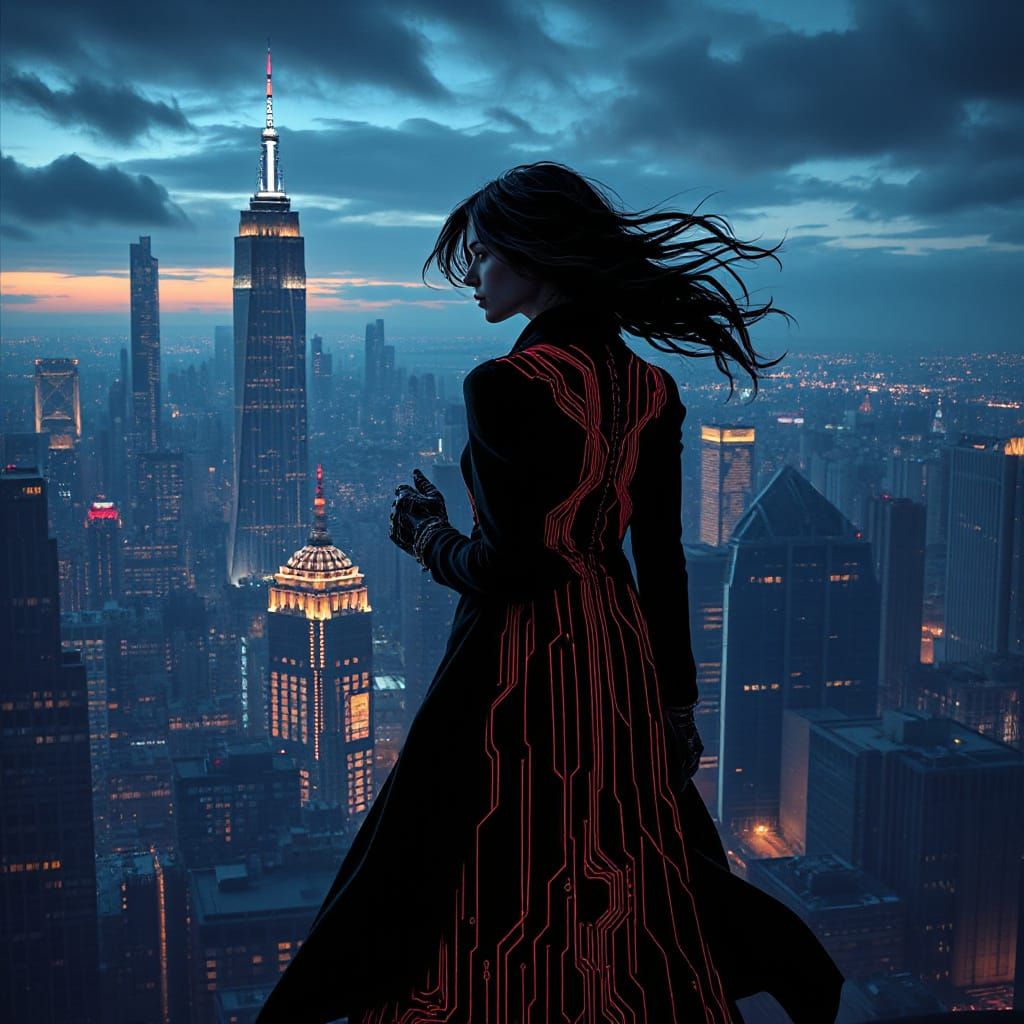 Cyberpunk Enigma Stands Amidst Neon Dystopia - AI Art