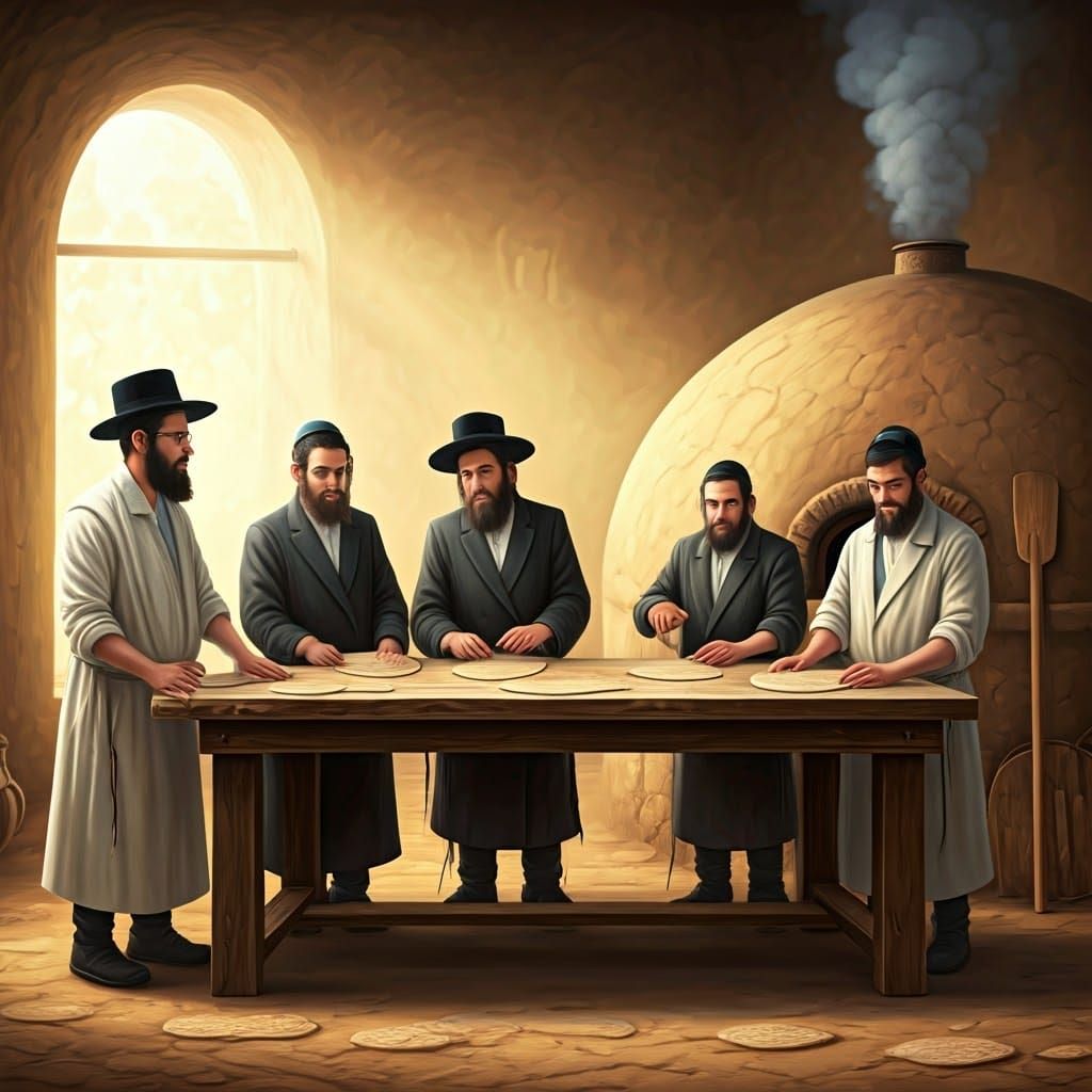 A group of Haredi Jews happily baking matzah for Passover next to an ...