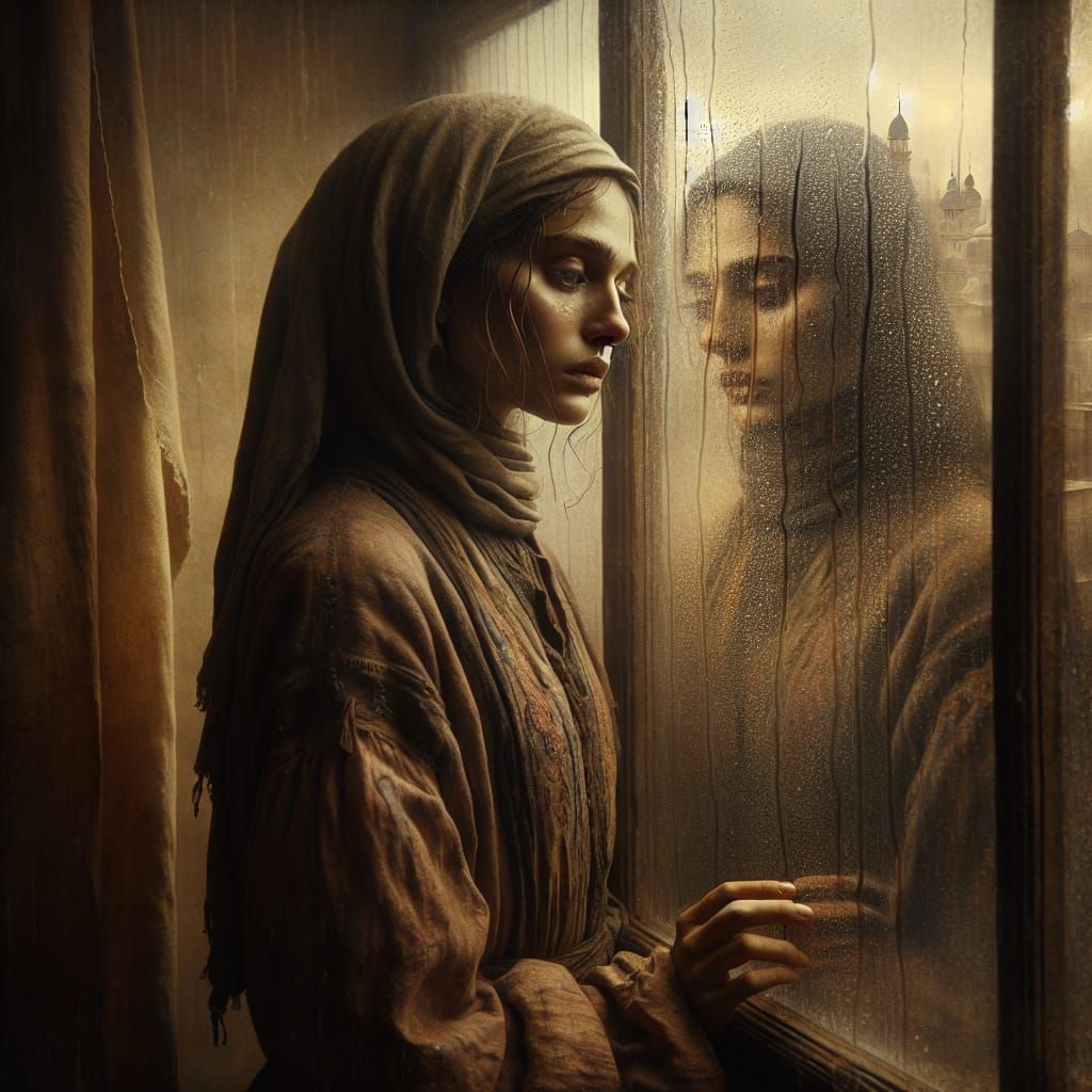 A contemplative woman, clad in worn, earth-toned attire with frayed ...