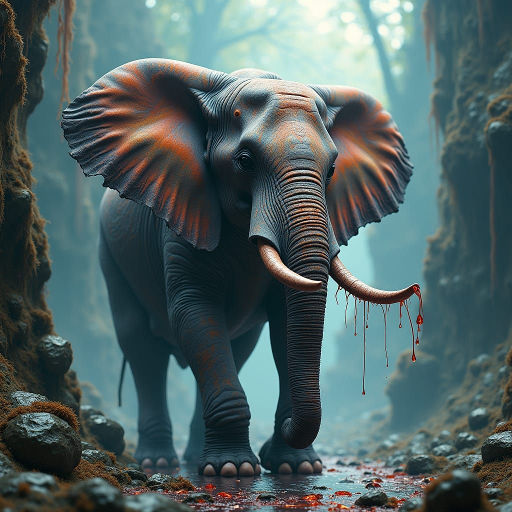 an elephant dripping with LSD in an infinite spiral,petrify and submerge in an infernal flow of ...