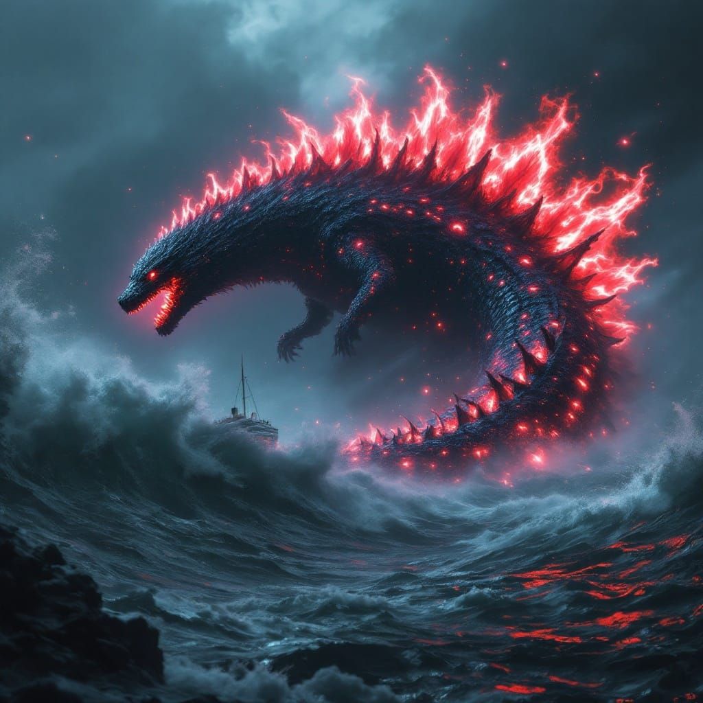 Godzilla Breaches Ocean Surface in a Radiant, Ethe... - AI Art