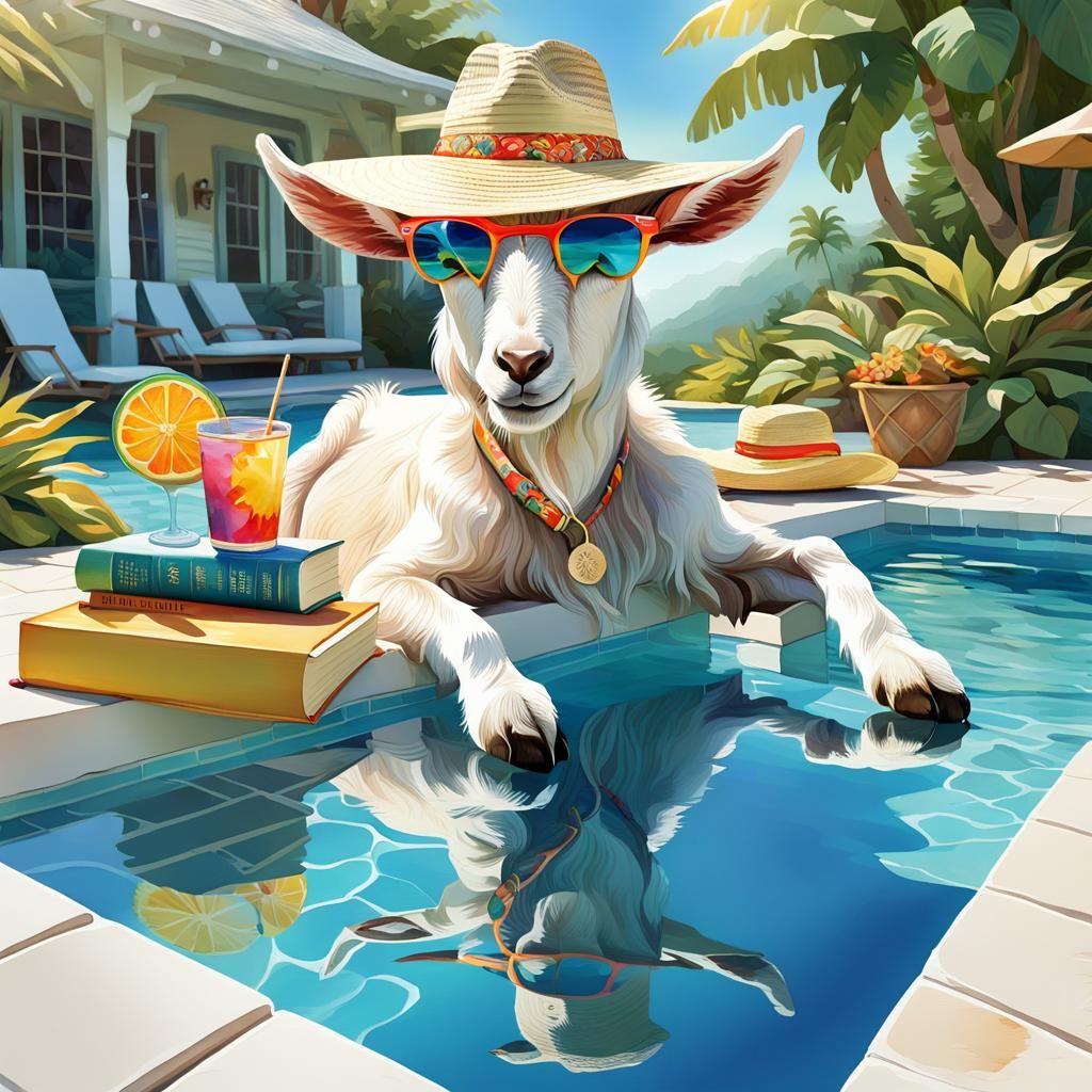 Cartoon-style whimsical goat lounging by the pool, under a radiant ...