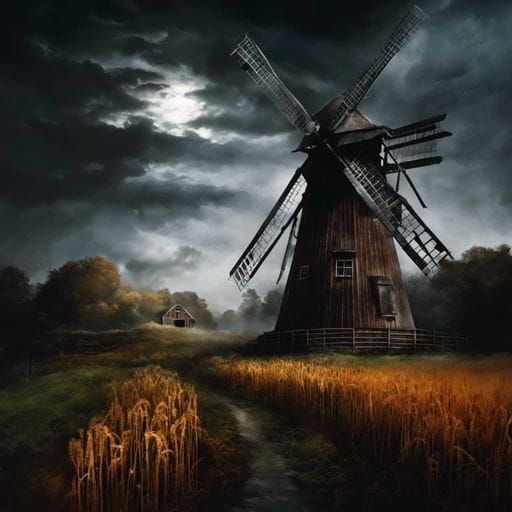 Standing there so sad and abanded, the old windmill was giving up. - AI ...