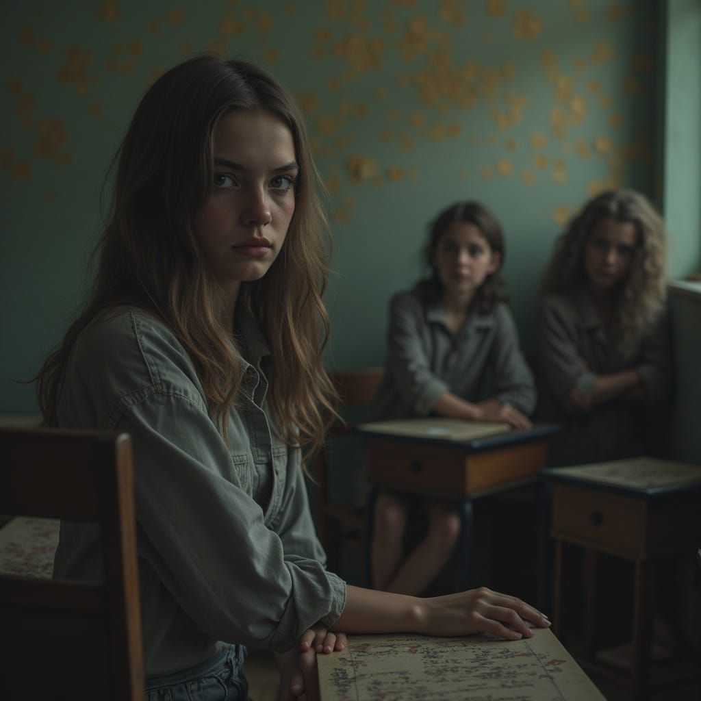 Eerie Young Girl Stares in Abandoned Classroom - AI Art
