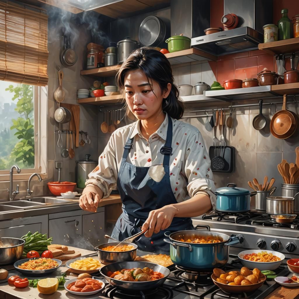 Woman cooking in kitchen - AI Generated Artwork - NightCafe Creator
