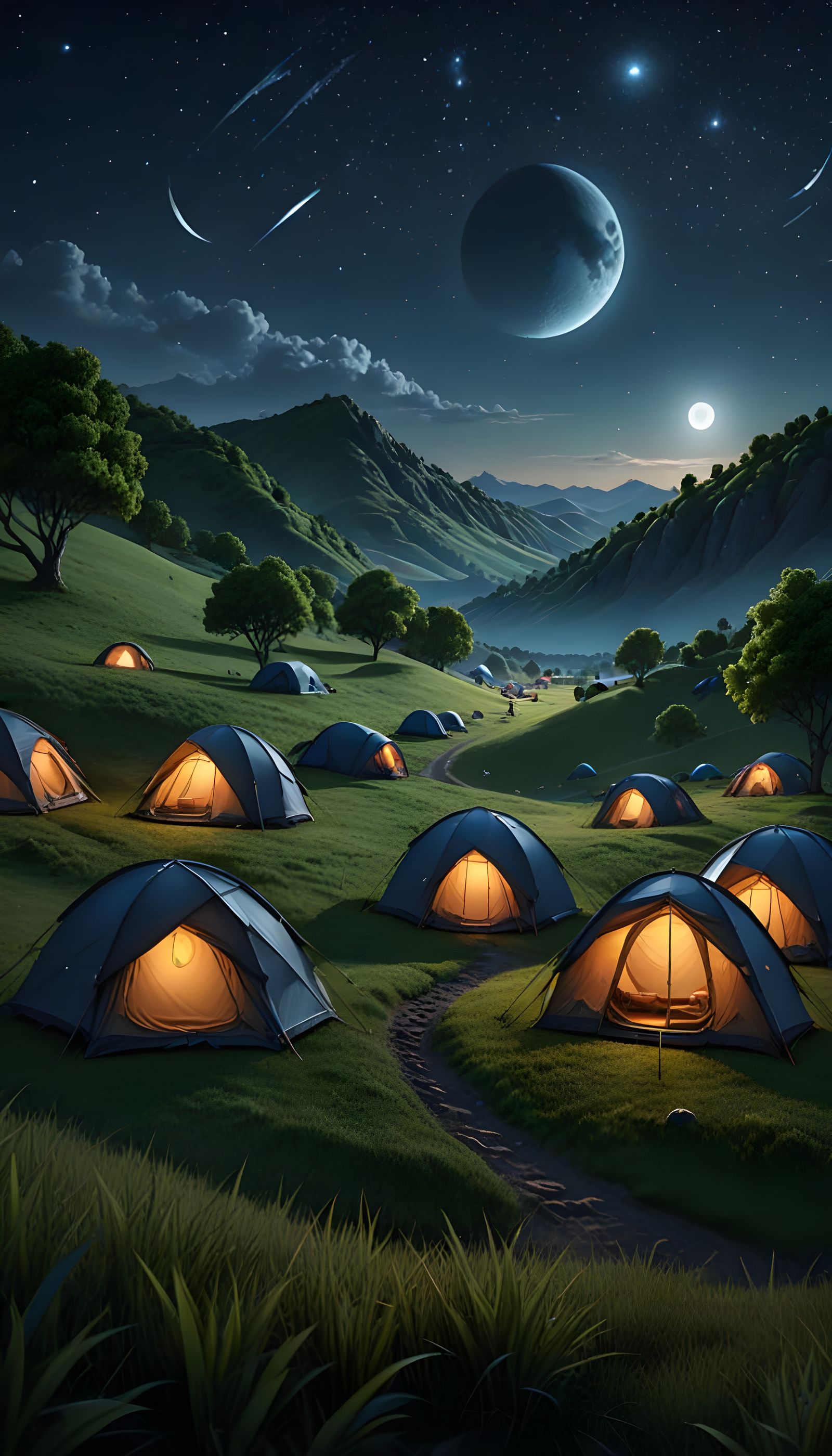 Camping at night - Dreamy Nighttime Campsite Under a Blue Mo...