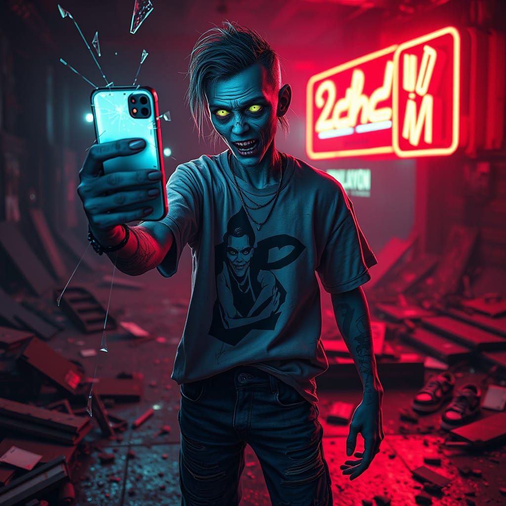 Zombie Gen Z cell Iphone selfie - Surreal Zombie Teenager Ca...