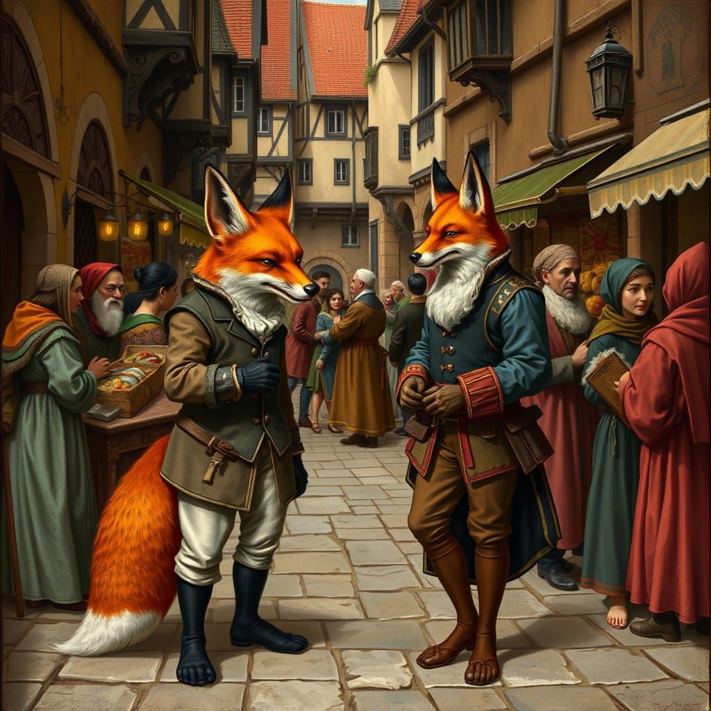 Medieval Fox Haggles with Merchant in Bustling Mar... - AI Art