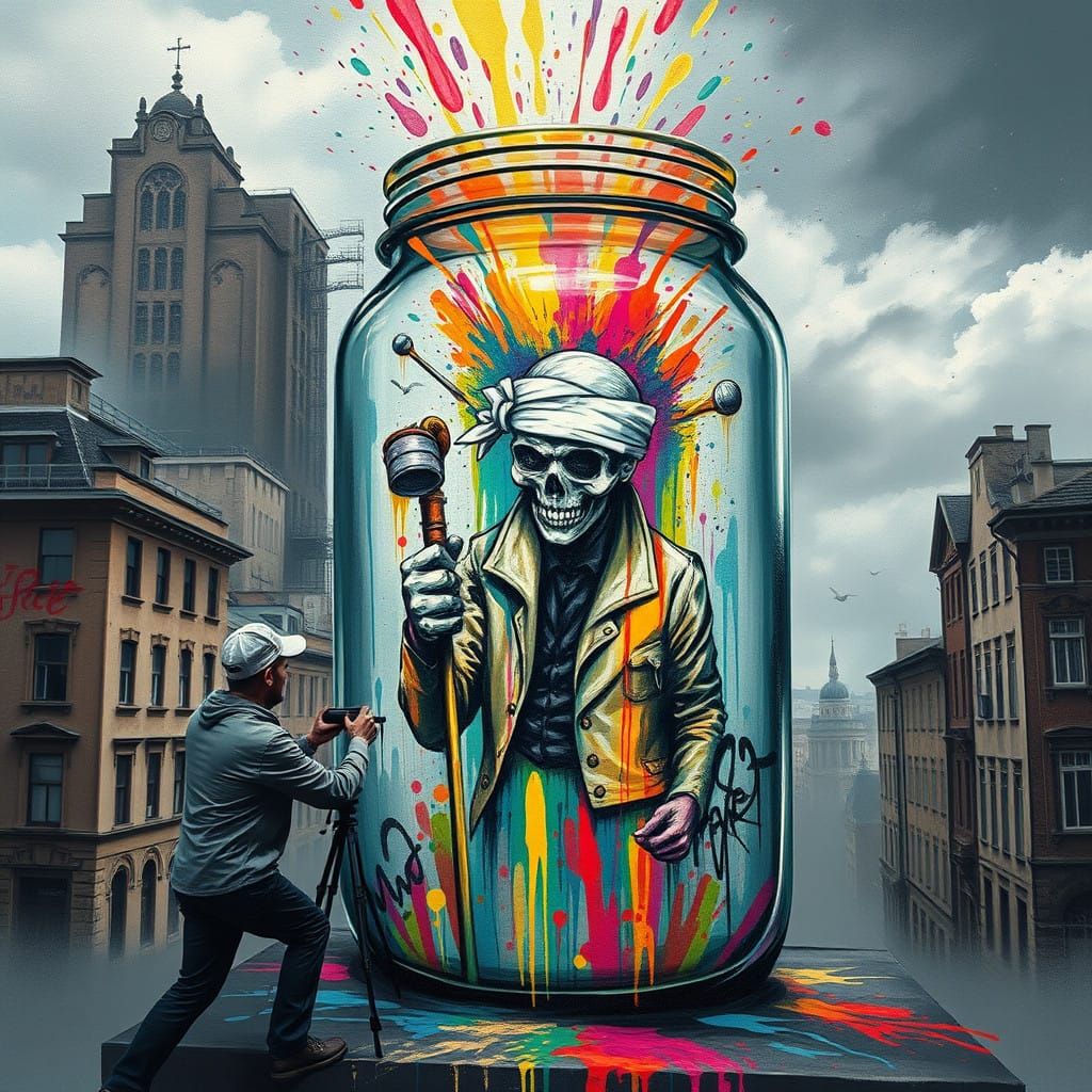 Vibrant Surreal Graffiti Scene in a Magical Jar - AI Art