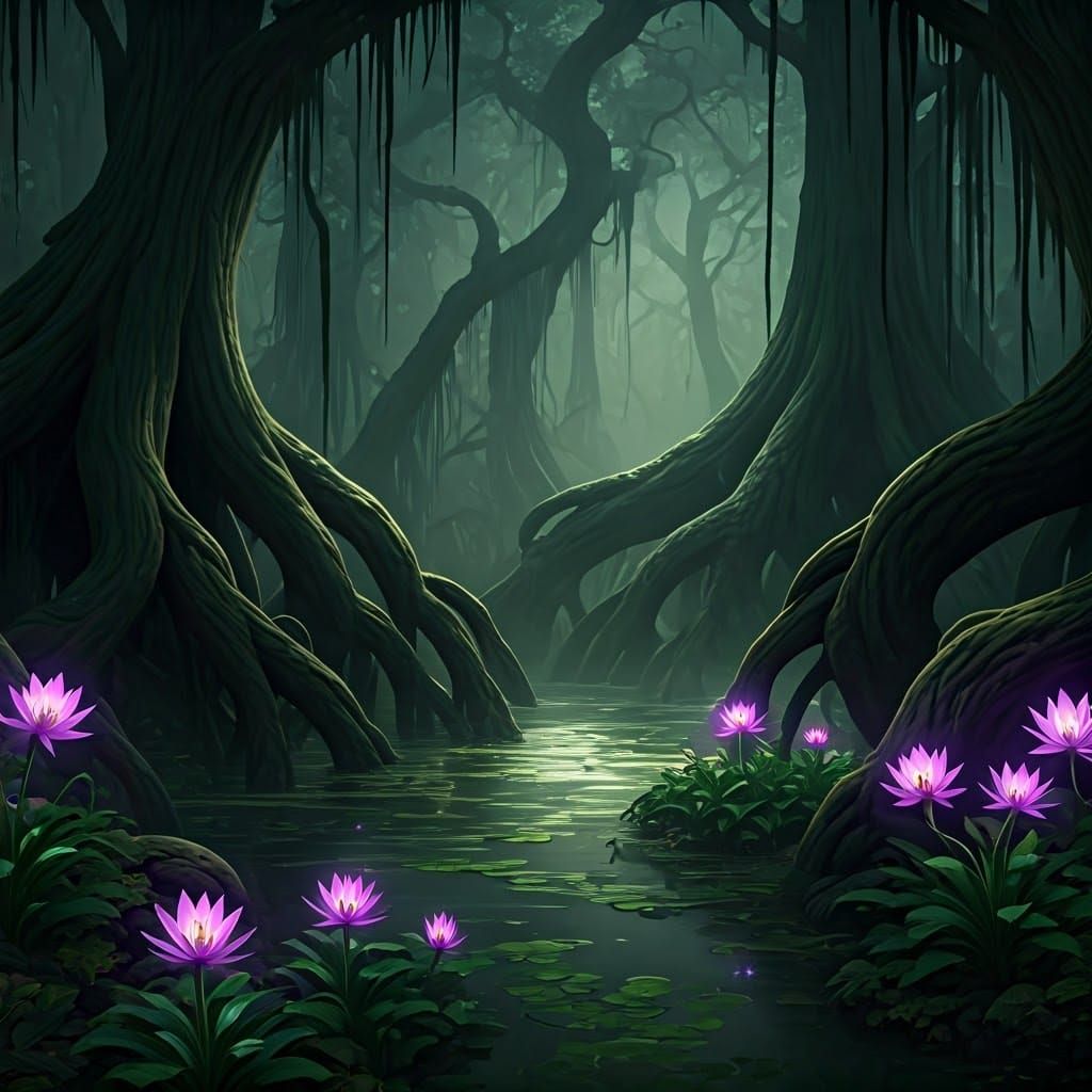 Ethereal Swamp Scene with Majestic Purple Flowers ... - AI Art