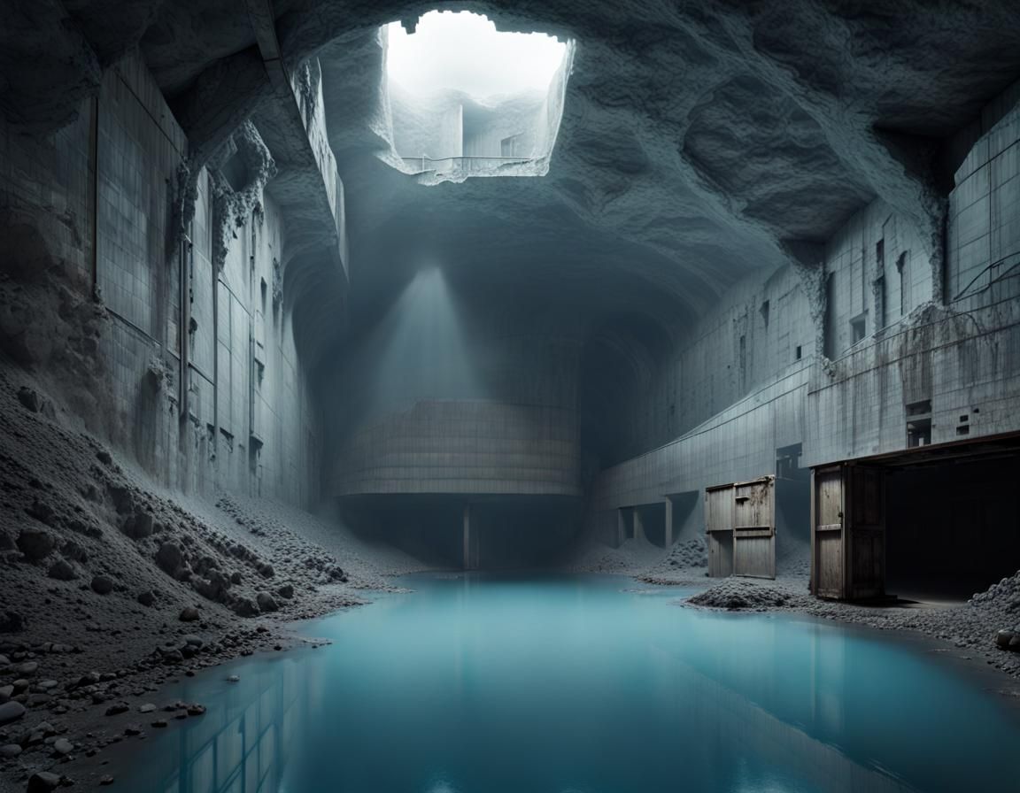 otherworldly and eerie abandoned salt mine, epic scale, blue light ...