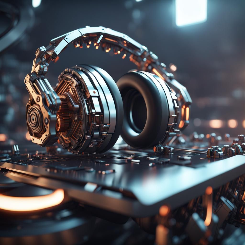 Listening to music intricate mech details, ground level shot, 8K ...