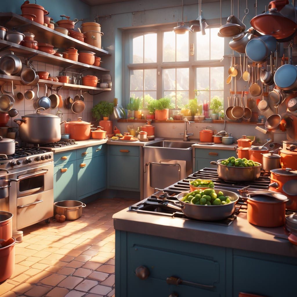 A Chaotic Kitchen Scene in Vibrant Digital Art - AI Art