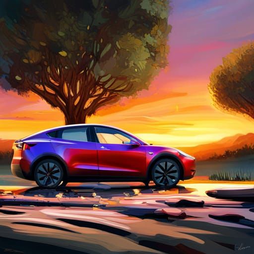 very detailed Tesla Model Y by a breathtakingly beautiful waterful with ...