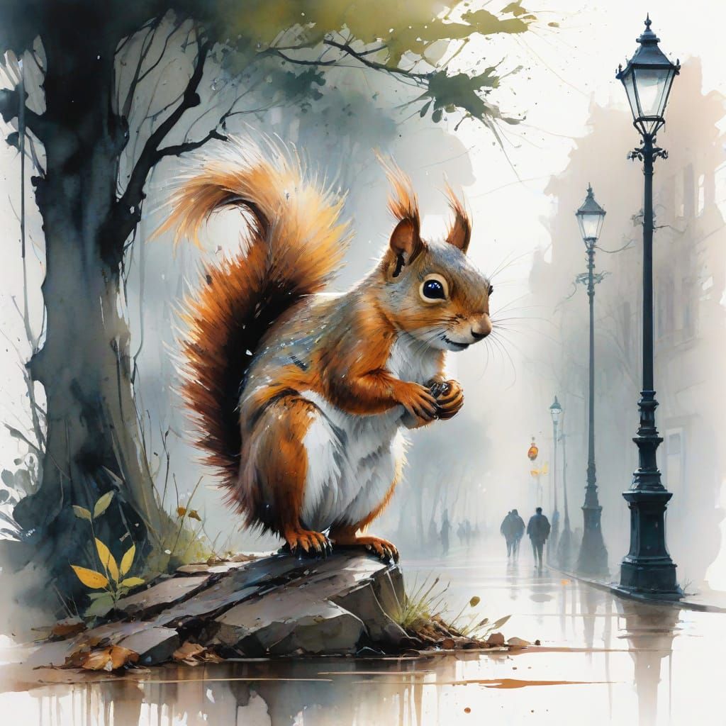 Nighttime Park Scene with Neon Lights in Watercolo... - AI Art