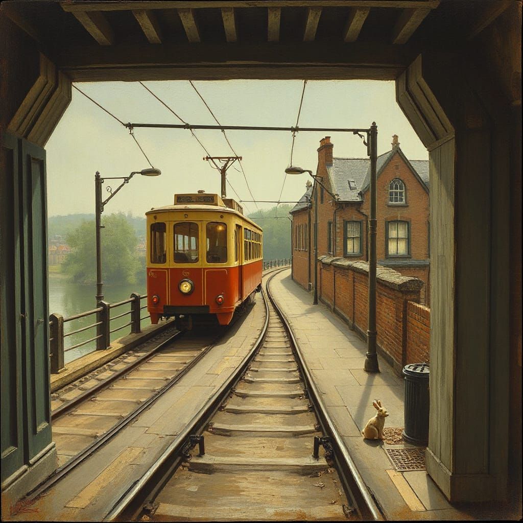 Whimsical Tram Scene Under a Bridge - AI Art