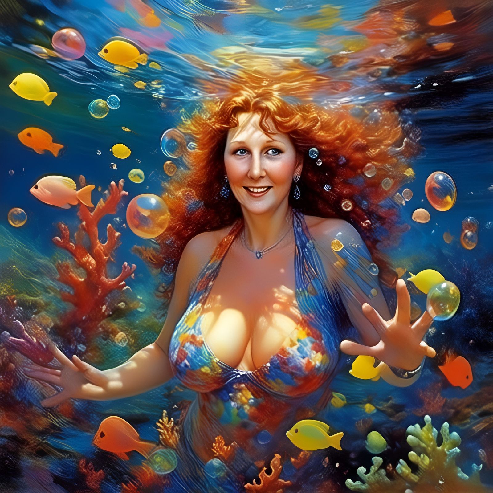 colorful coral, rainbow bubbles, lovely extremely full-figured, full-breasted happy mermaid with ...
