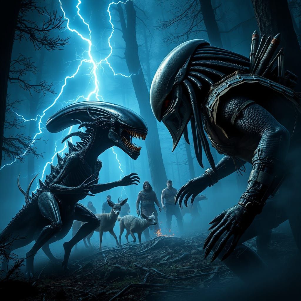 Epic Alien vs Predator Battle in a Dark, Ominous F... - AI Art