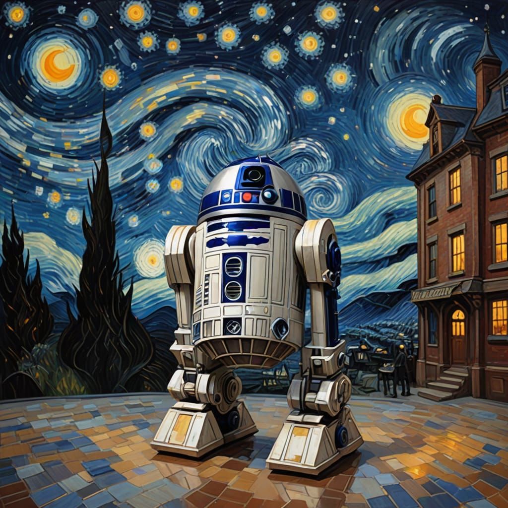 R2D2 in Whimsical Gallery Setting Admires Starry N... - AI Art