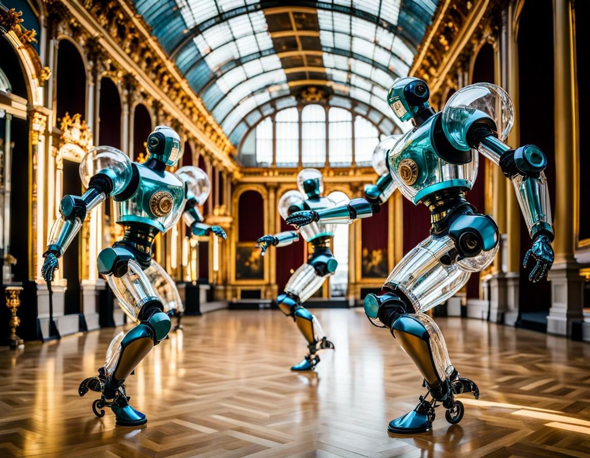 painterly highly detailed transparent multicolored humanoid glass robots dancing ballet, kicking ...