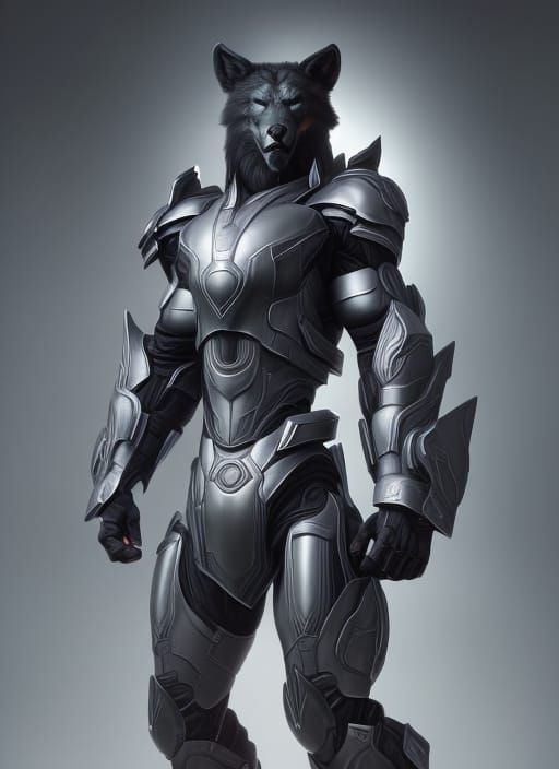 Portrait painting of a cybernetic grey werewolf with power armor, ultra ...