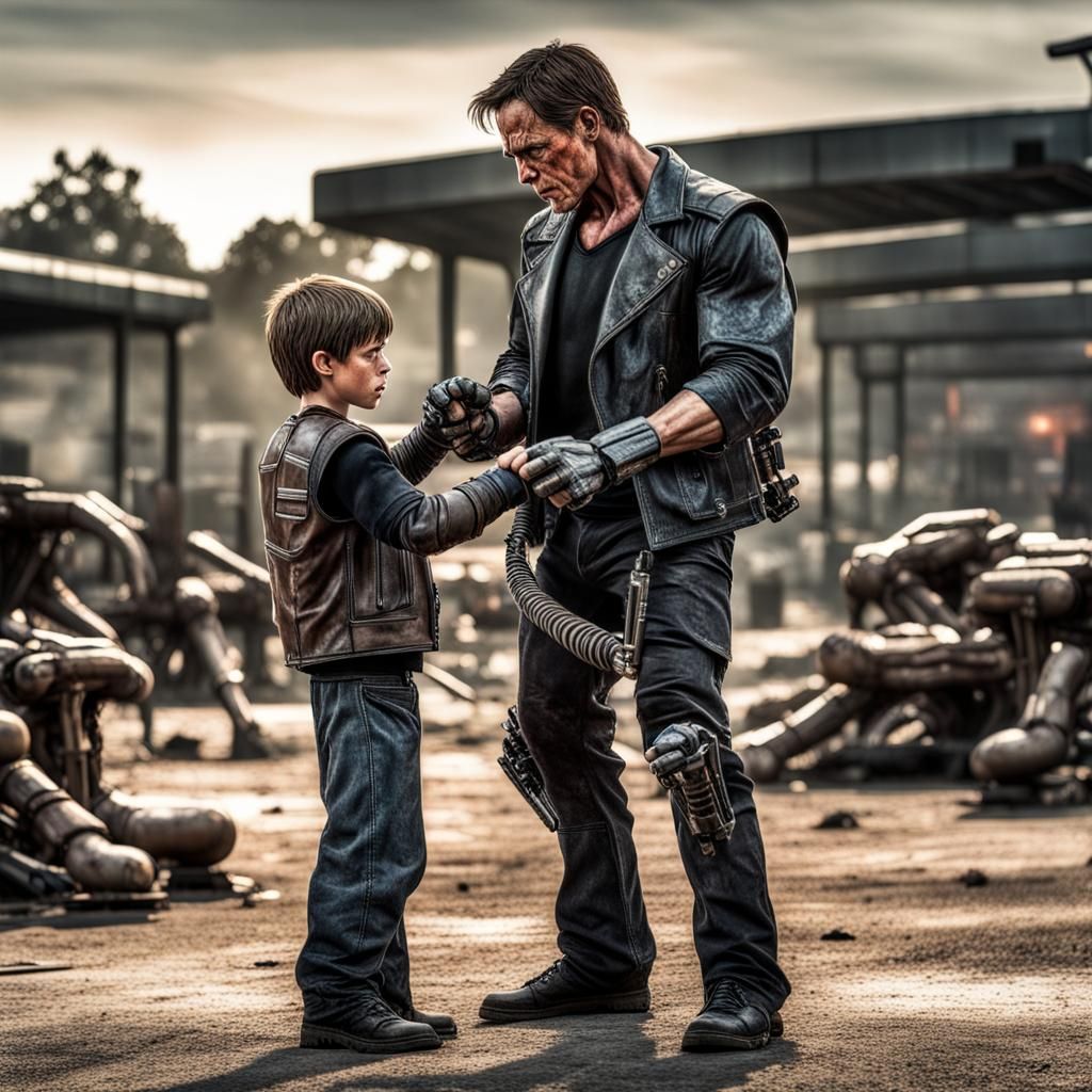 Young John Connor teaching the shiny T100 partially skeletal Terminator ...