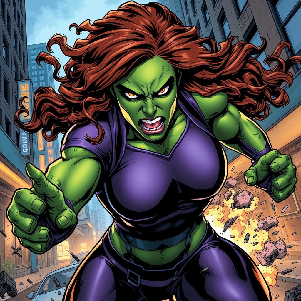 Angry She Hulk Smashes Through City Streets in Dar... - AI Art