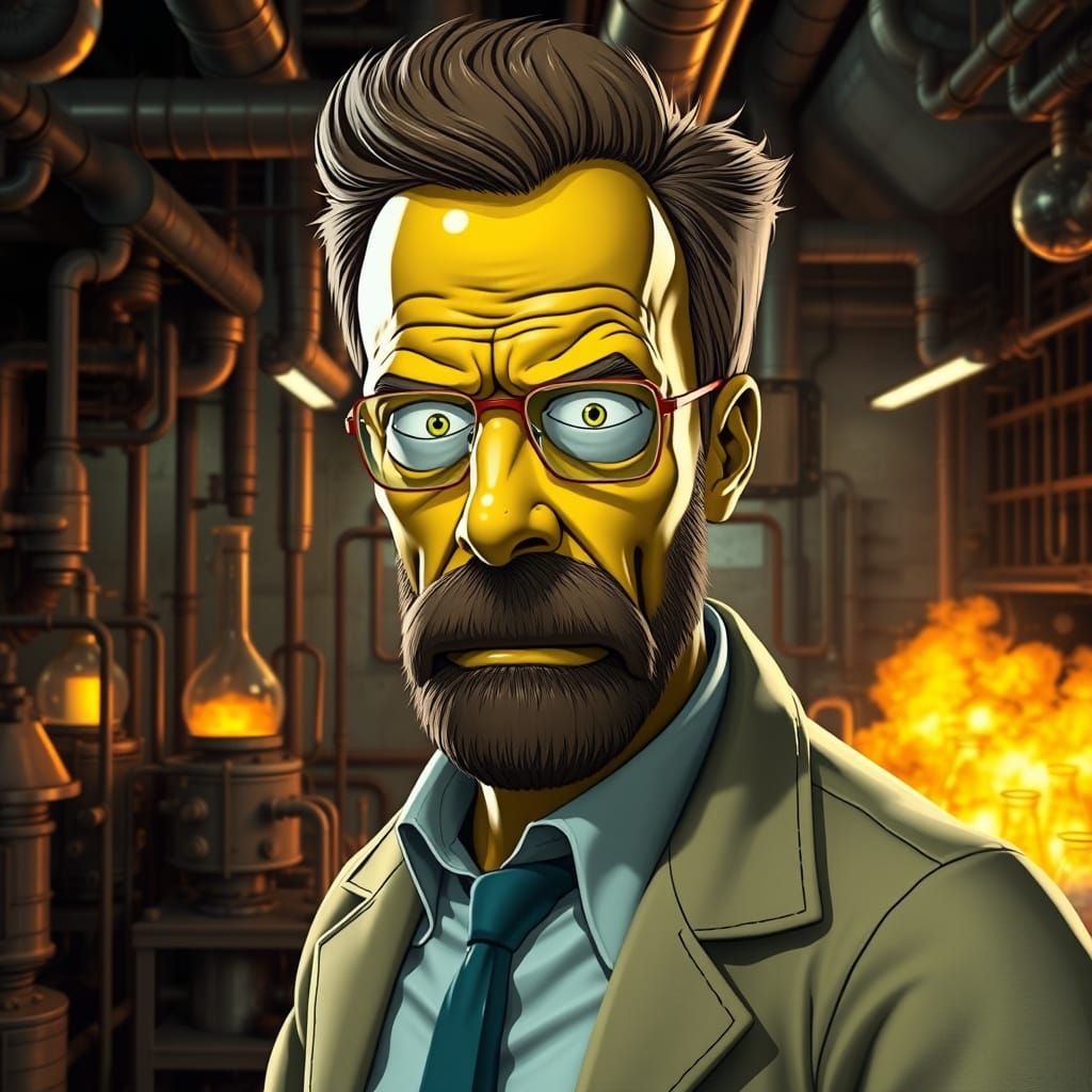 A hyperrealistic half body of Walter White dressed as Homer Simpson ...