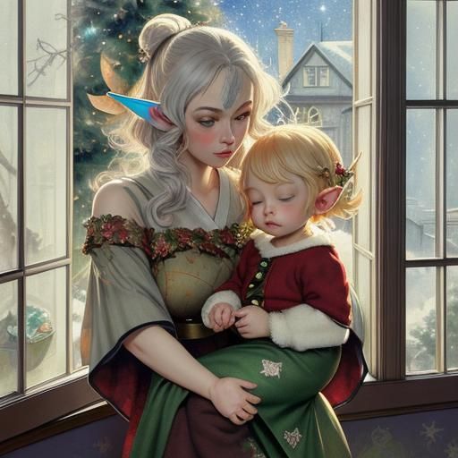 "Chibified adorable shimmering mother elf holding a sleeping sweet baby ...