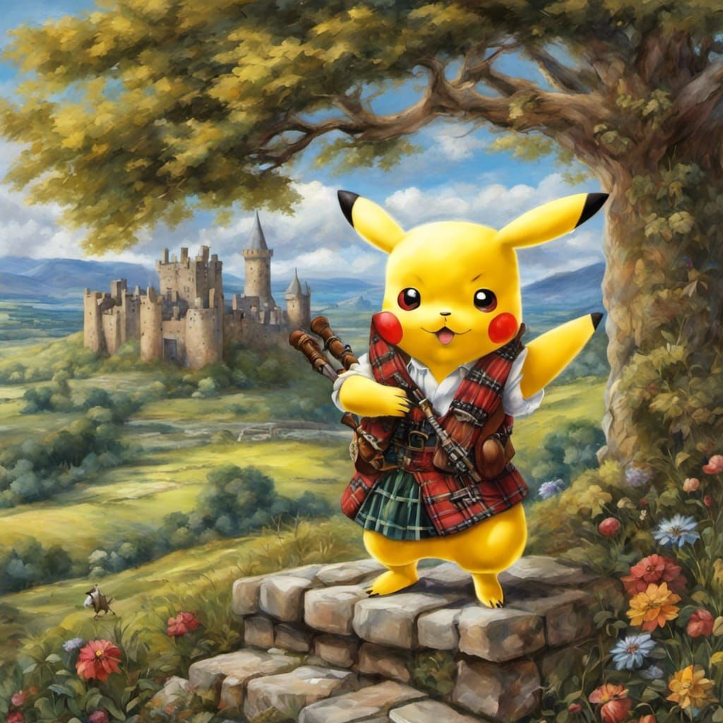 Pikachu dressed in a kilt, dancing a highland fling. Another pikachu is ...