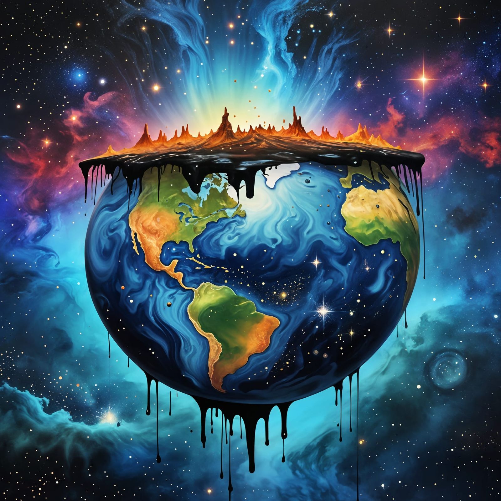 Earth is Melting; - Vibrant Dripping Earth Suspended in a St...