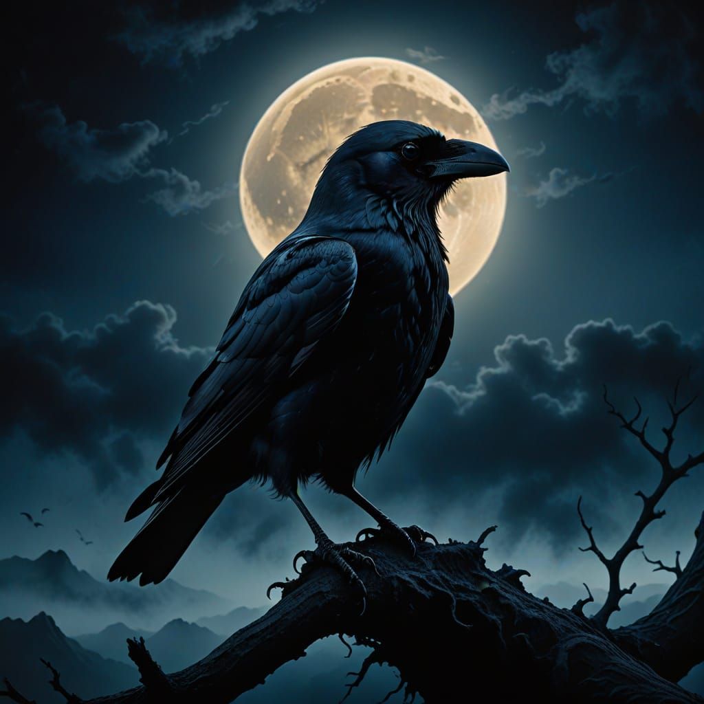 Raven black raven at night by moonlight #01