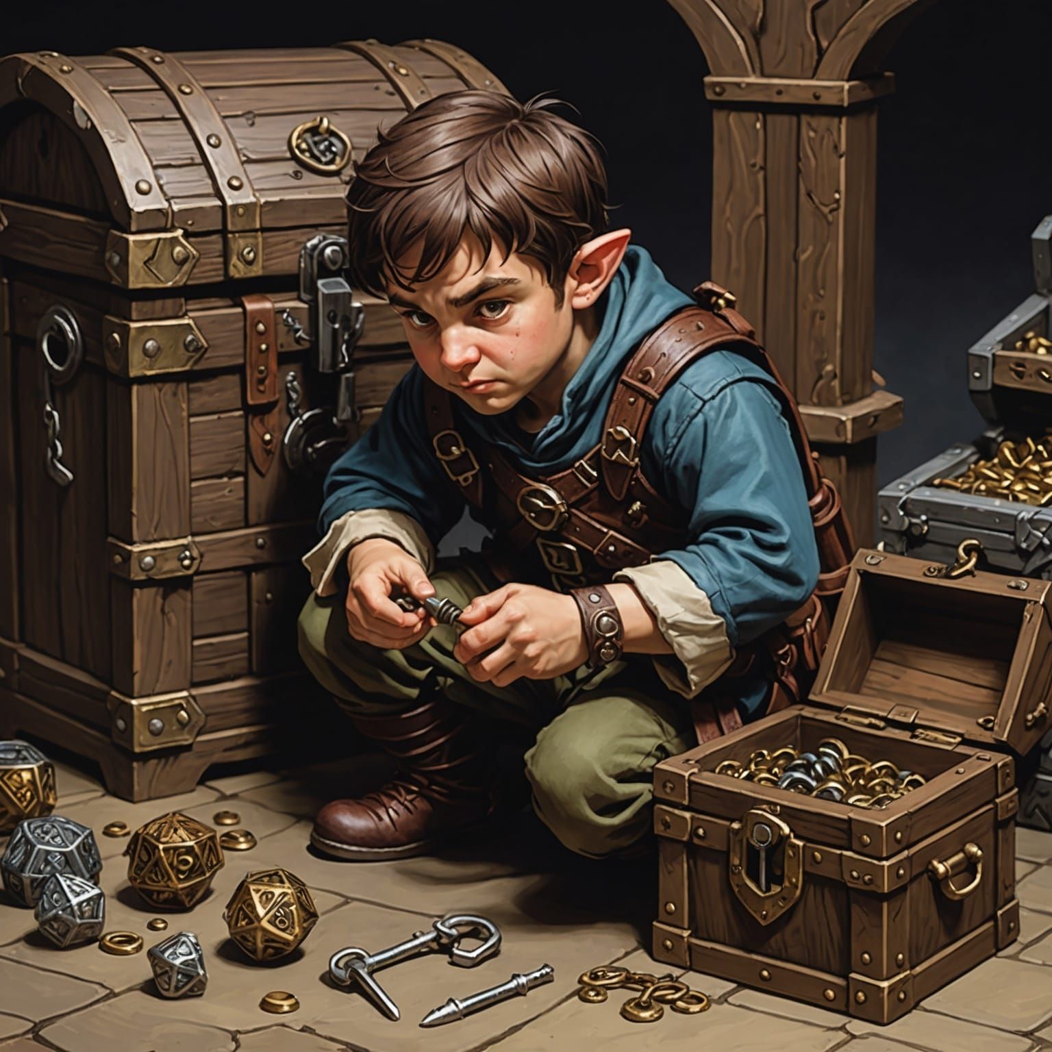 a Halfling Thief (dungeons and Dragons) kneels in front of one closed treasure chest and tries ...